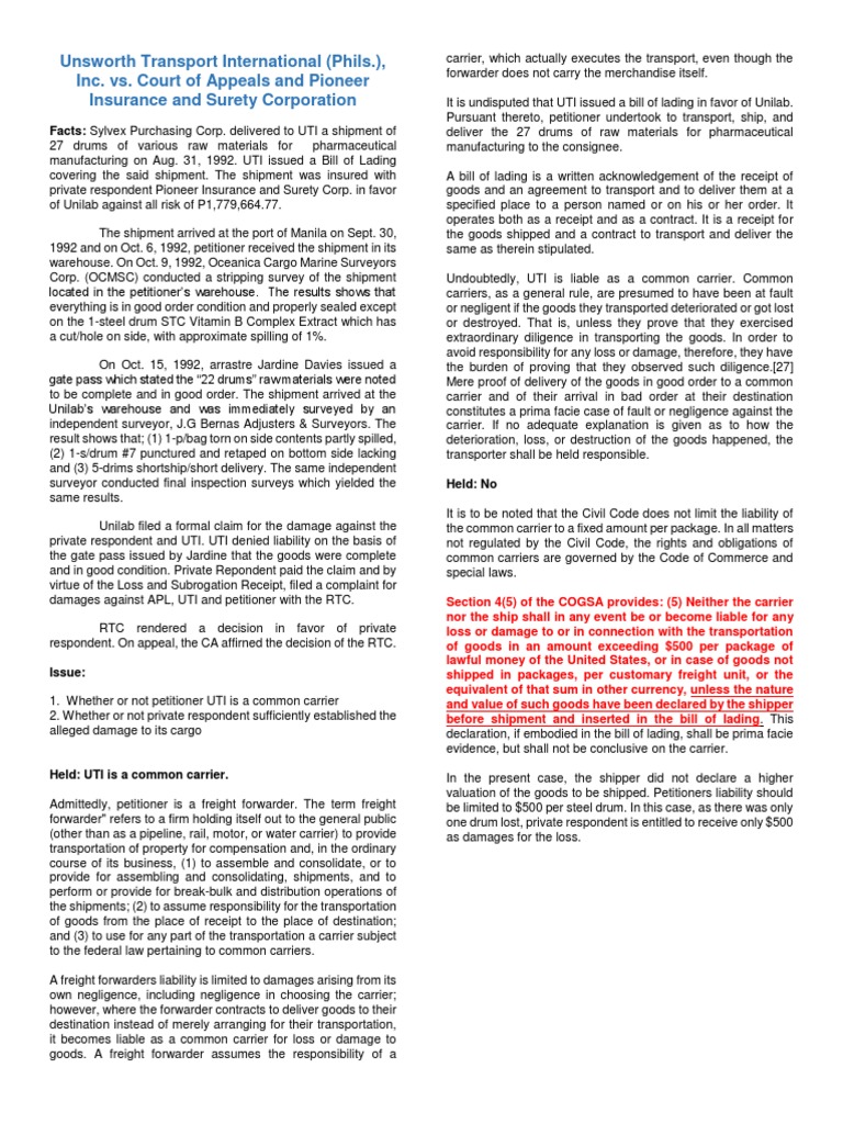 Unsworth Transport International Vs CA PDF | PDF | Cargo | Common Carrier