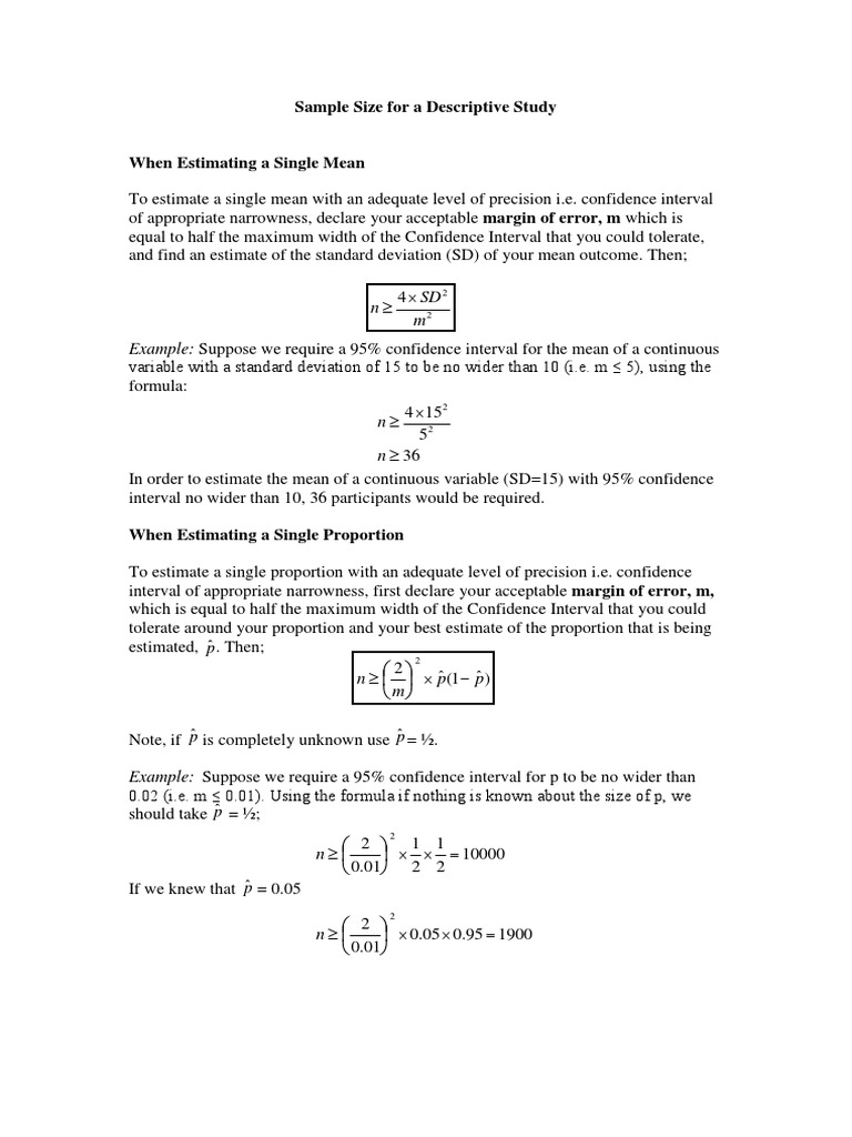 Sample Size For A Descriptive Study: M SD N | PDF