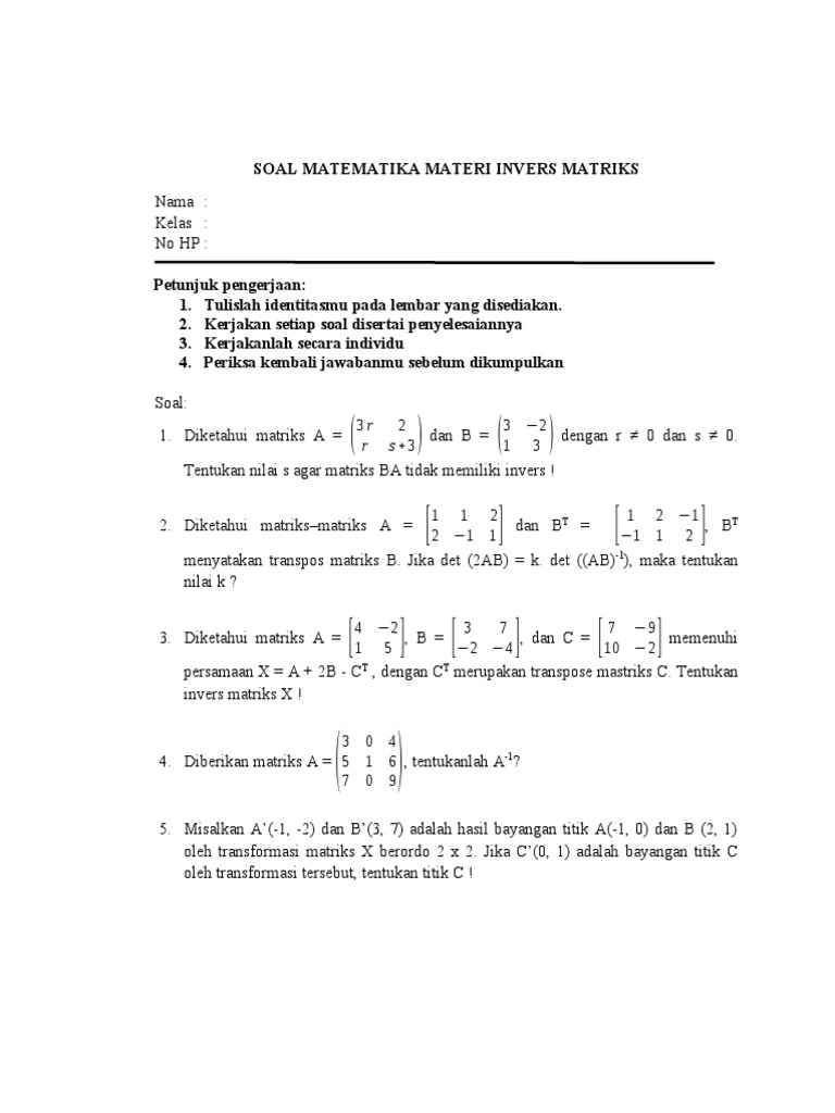 Soal Invers Matriks Kelas 11 | PDF | Metode & Bahan Ajar
