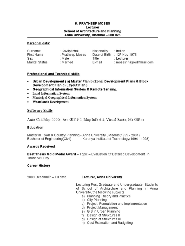 Pratheep Moses CV 1 | PDF | Geographic Information System | Urban Planning