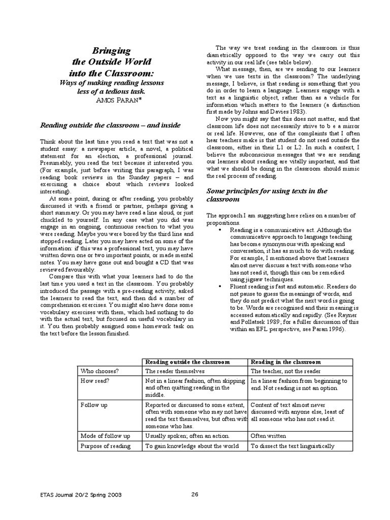 Bringing The Outside World Into The Classroom:: Ways of Making Reading ...