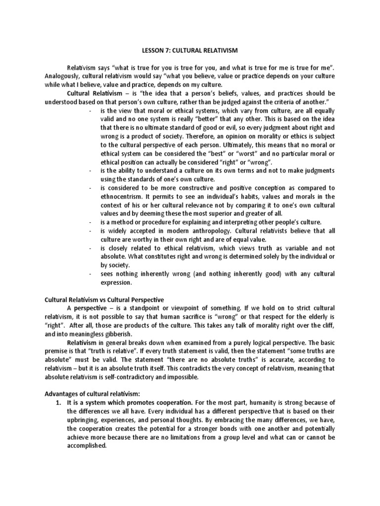 LESSON 7 Cultural Relativism | PDF | Relativism | Morality