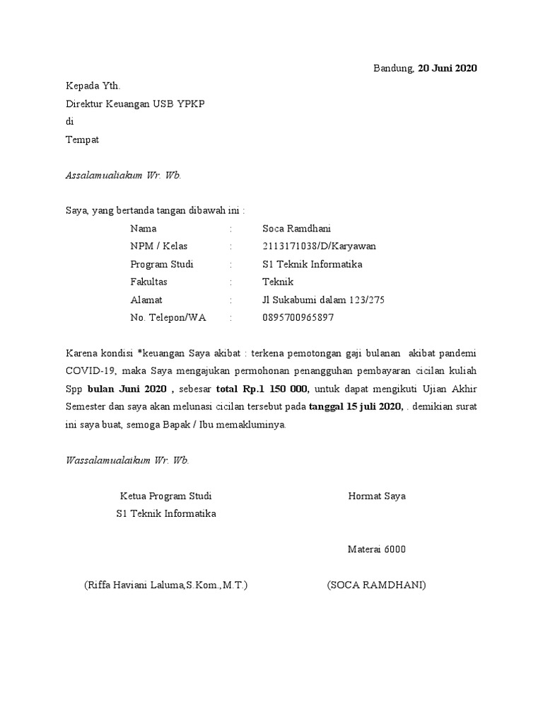 Surat Permohonan Penangguhan Cicilan Bulanan | PDF