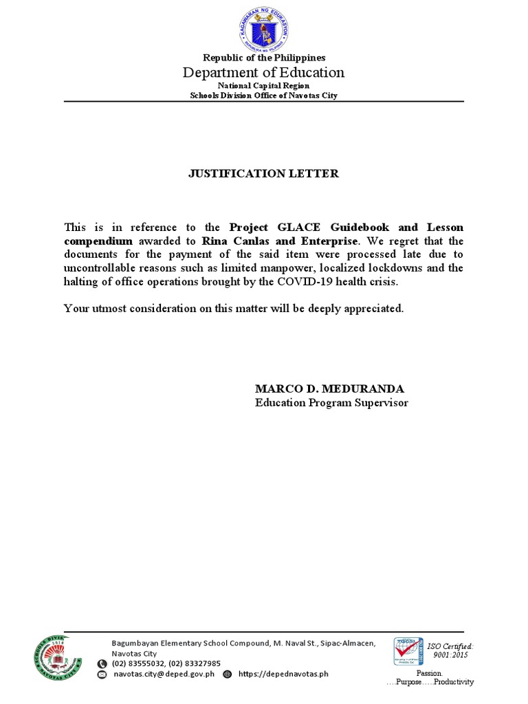 Department of Education: Justification Letter | PDF