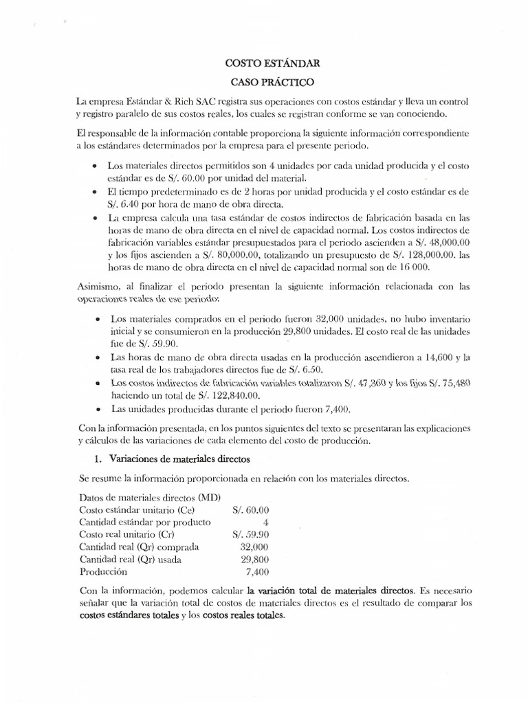 Costo Estandar Caso Practico 1 PDF PDF | PDF | Costo | Presupuesto