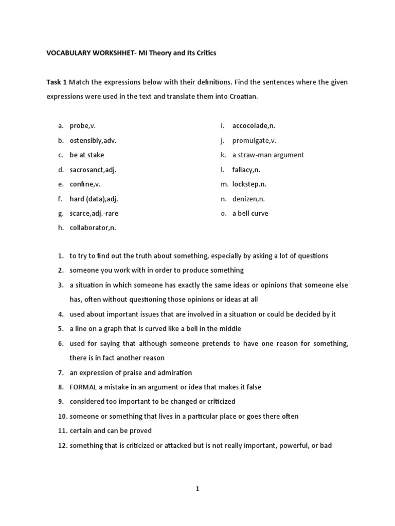 Unit 4B VOCABULARY WORKSHEET-MI Thory and Its Critics | PDF ...