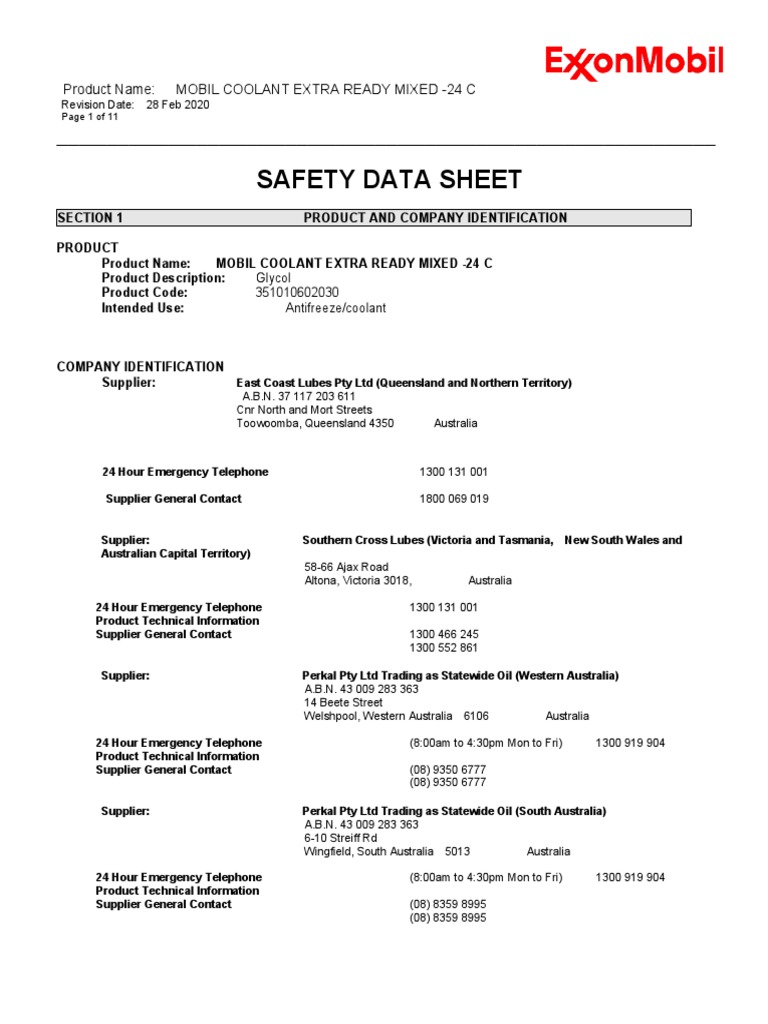 Safety Data Sheet: Product Name: Mobil Coolant Extra Ready Mixed - 24 C ...