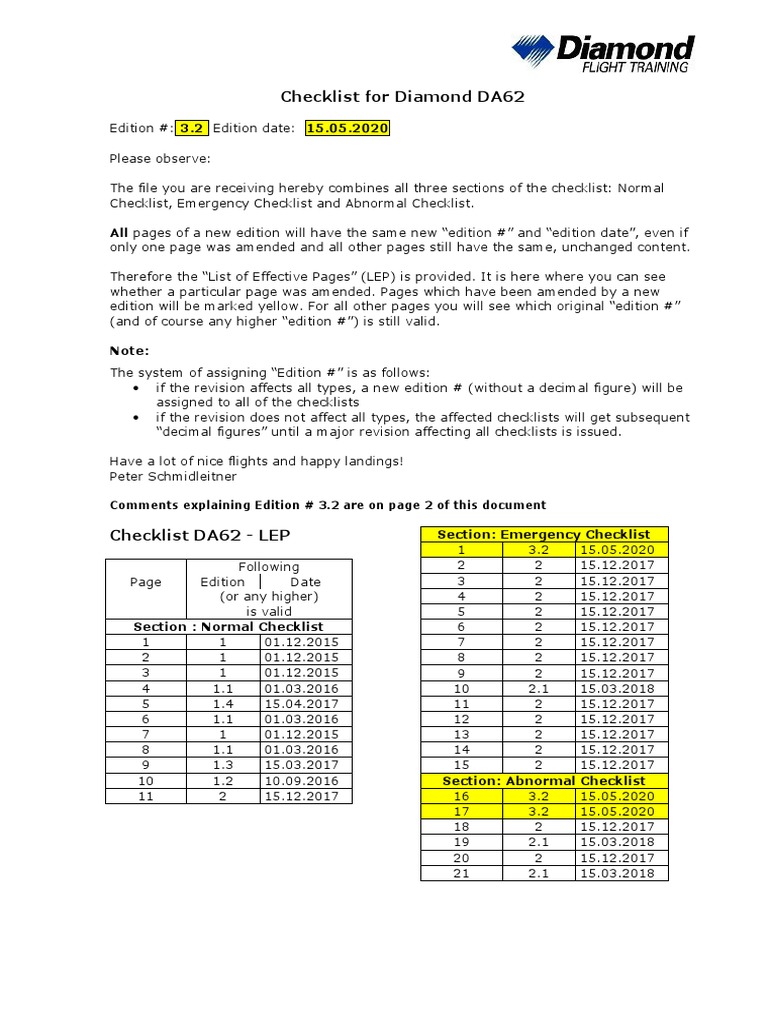 DA62 - Checklist For Diamond Da 62 Aircraft | PDF | Aircraft Flight ...