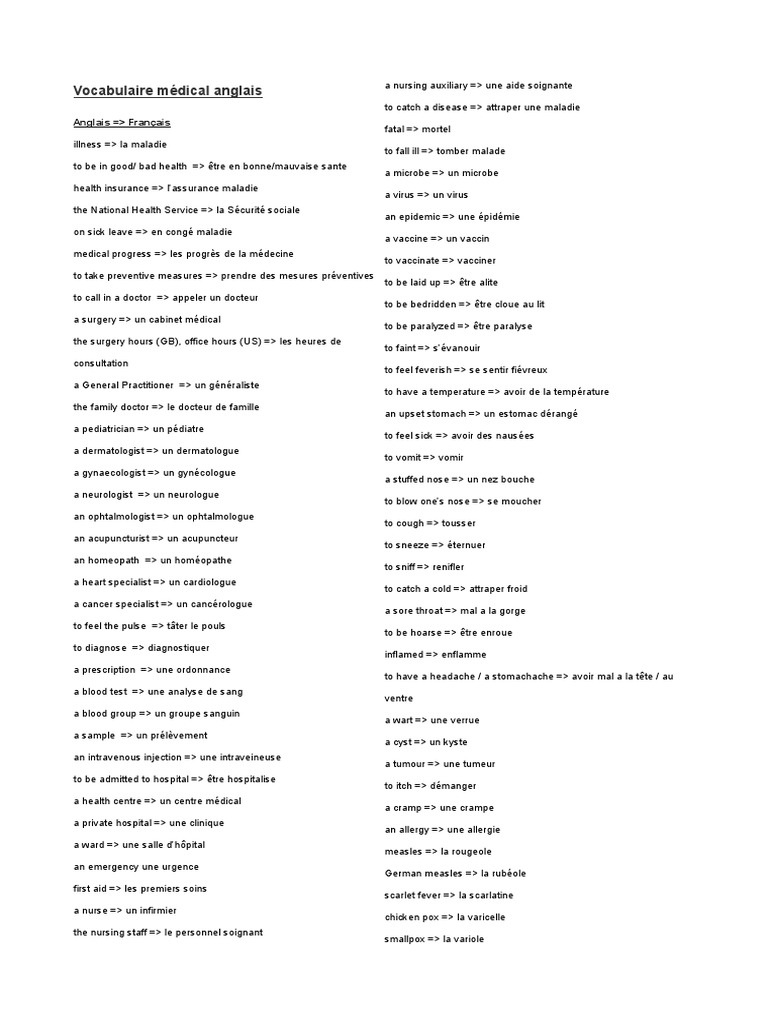 Vocabulaire Médical Anglais | PDF | Soins de santé | Santé publique