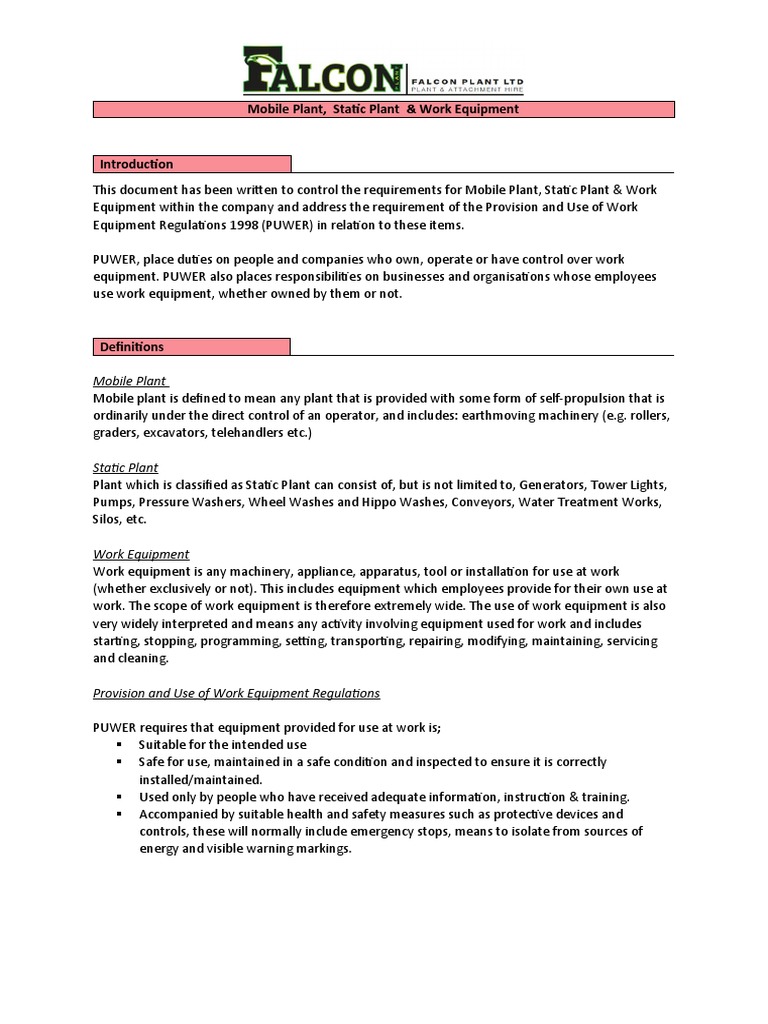 Mobile, Static Plant & Work Equipment Guide | PDF | Diesel Engine ...