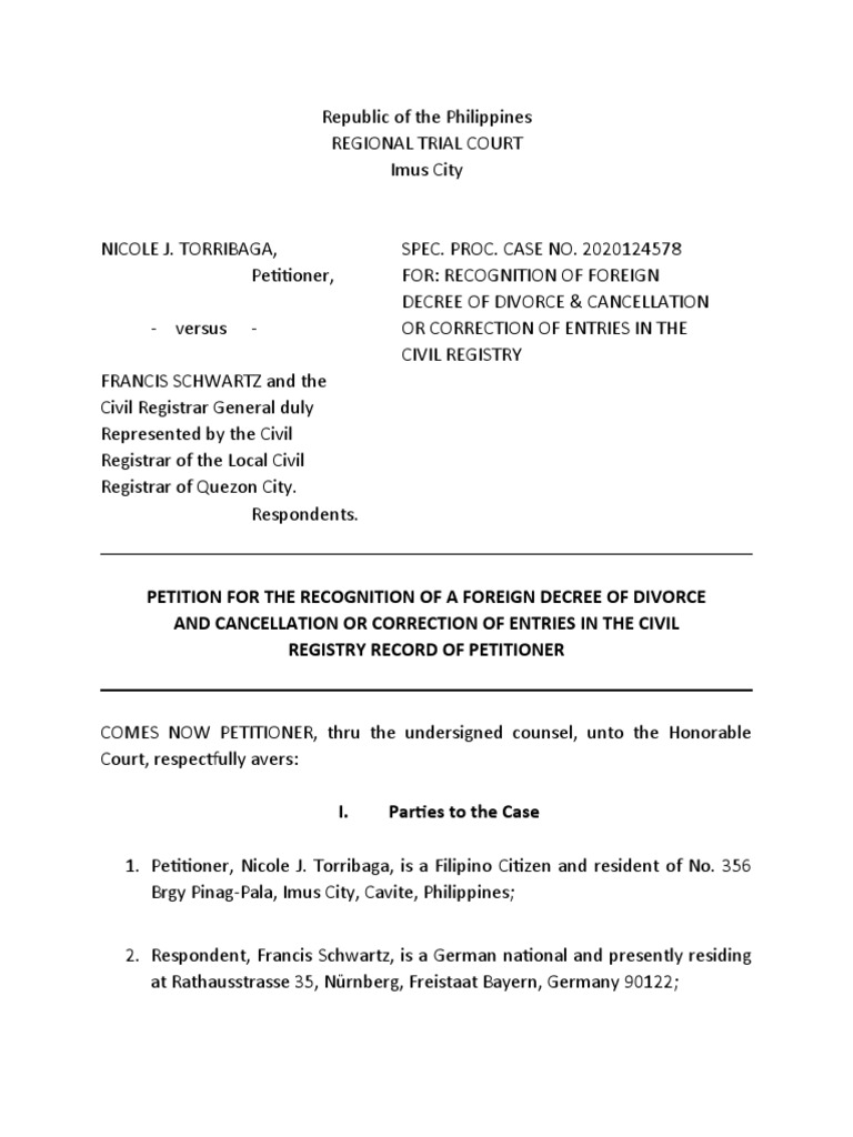 SOLON - Petition For Recognition of Foreign Divorce | PDF | Marriage | Divorce