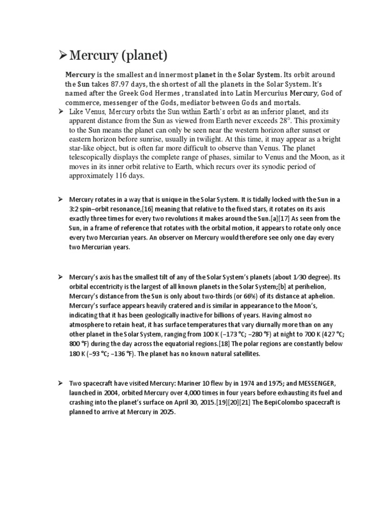 Mercury (Planet) : Mercury Is The Smallest and Innermost | PDF ...