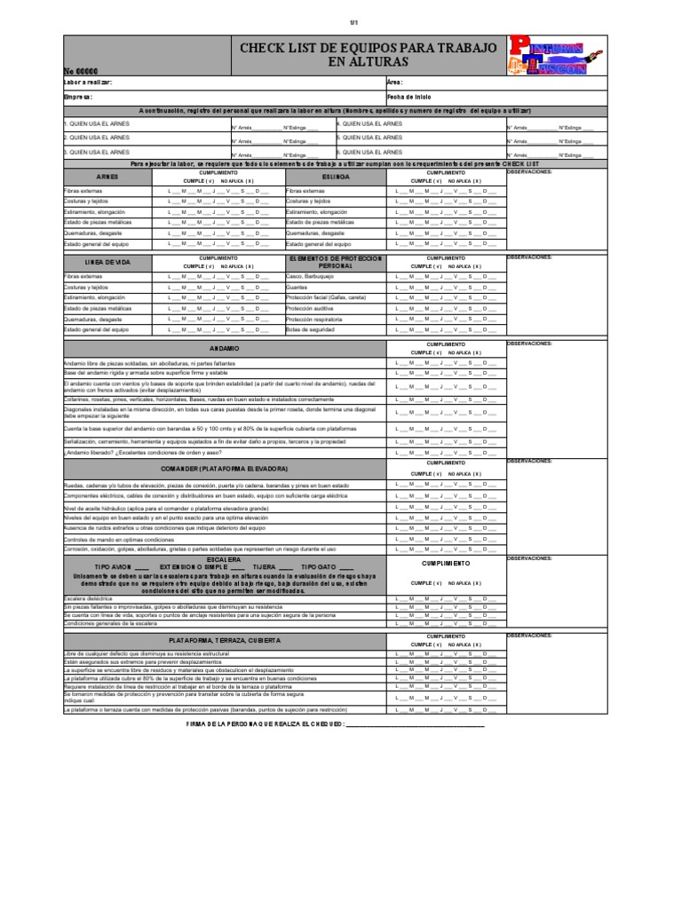 Check List de Equipos para Trabajo en Alturas | PDF | Andamio | Naturaleza