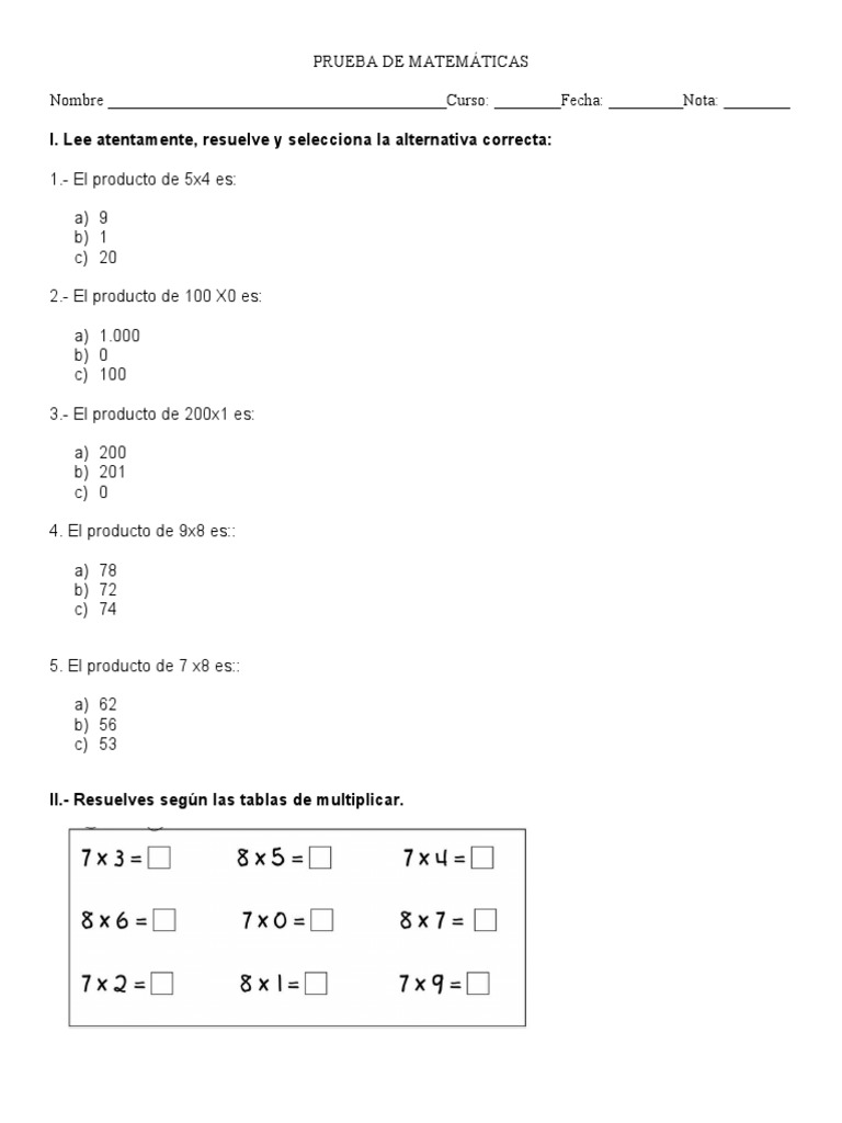 PRUEBA DE MATEMÁTICAS 3° Multiplicación y División | PDF
