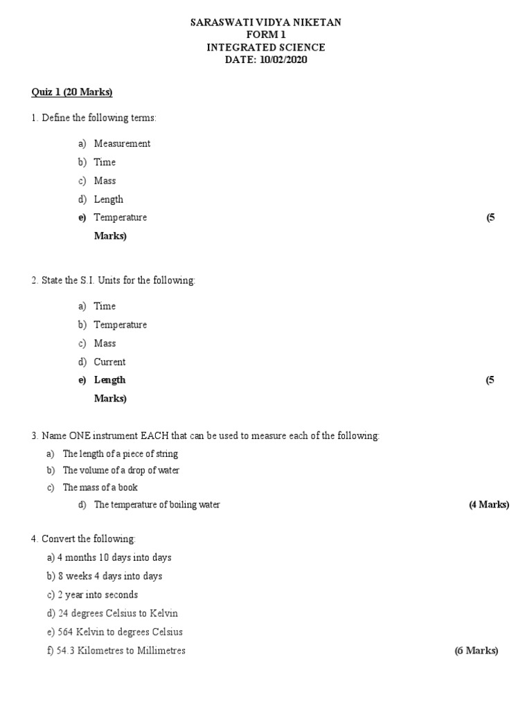 Form 1 Integrated Science Quiz | PDF