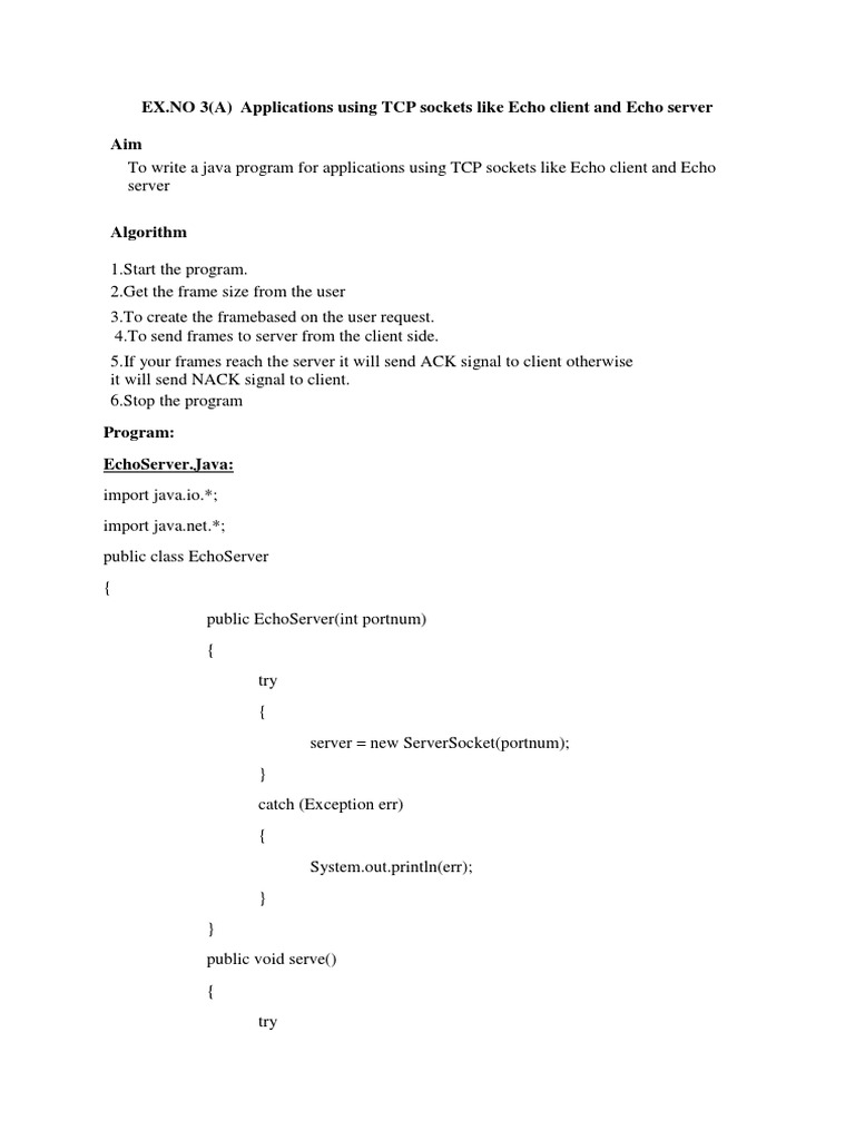 EX - NO 3 (A) Applications Using TCP Sockets Like Echo Client and Echo ...
