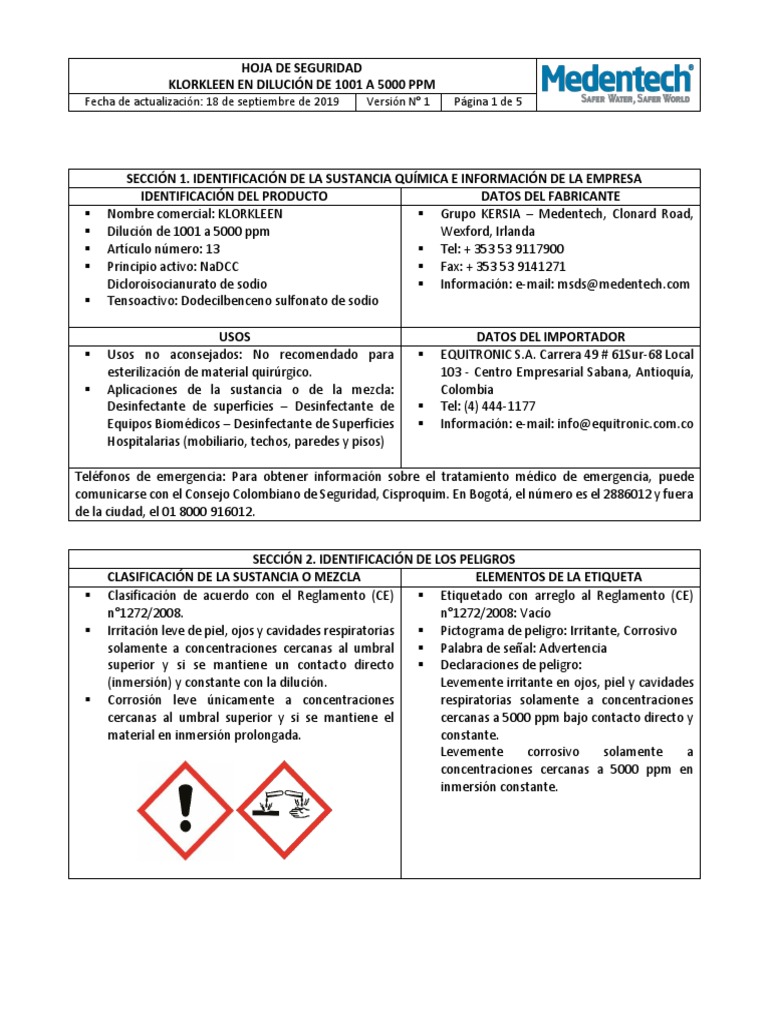 Hoja de Seguridad en Formato 1001 A 5000 PPM KLORKLEEN | PDF | Residuos ...