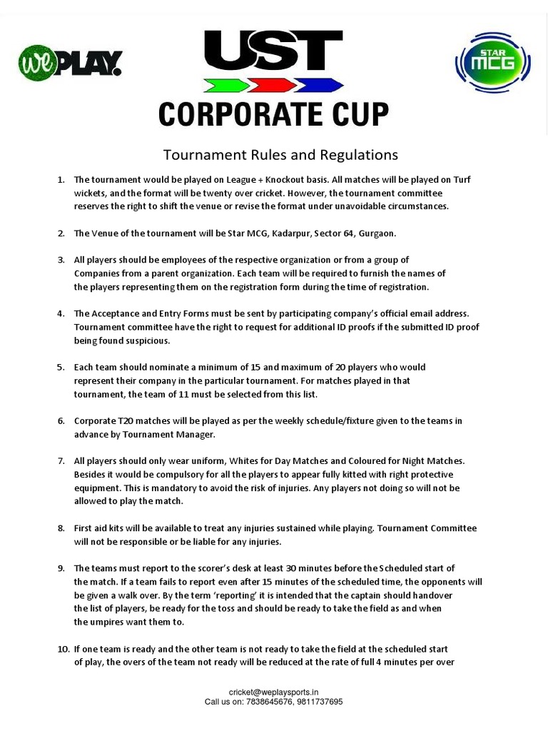 Tournament Rules and Regulations: Cricket@weplaysports - in Call Us On ...