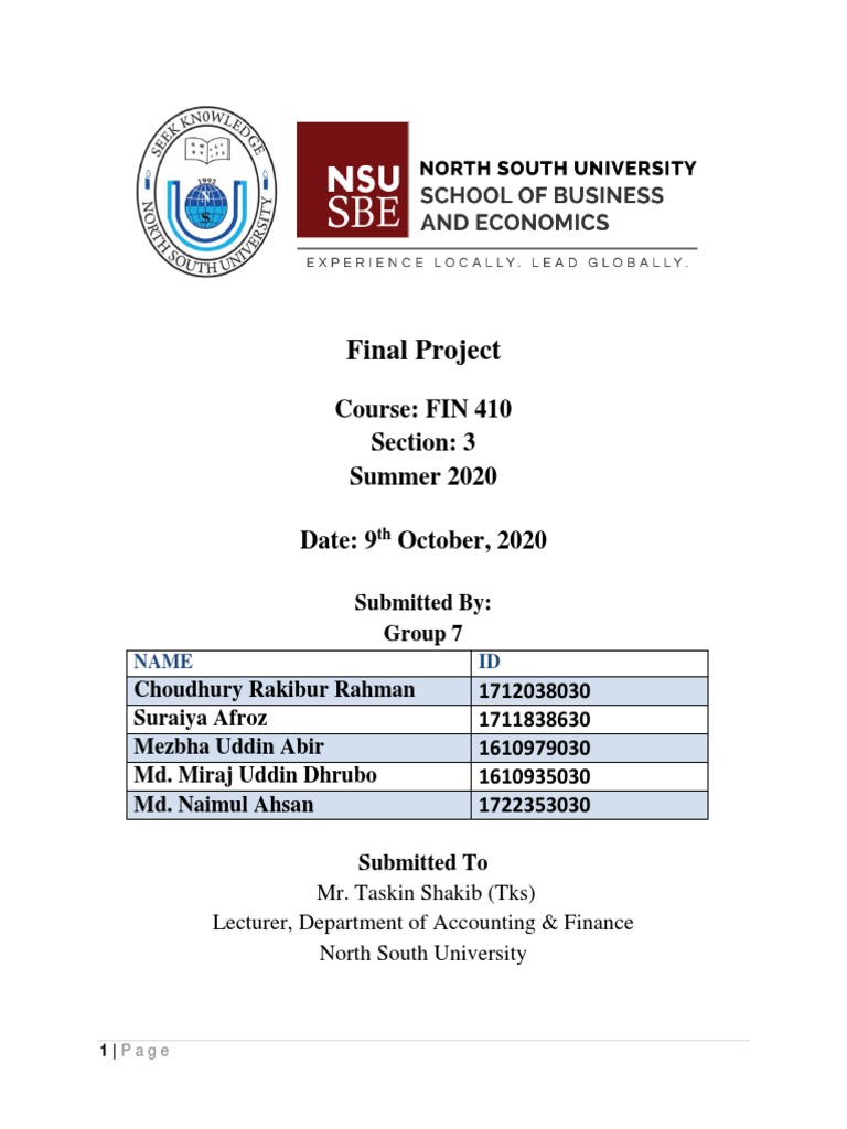 Final Project: Course: FIN 410 Section: 3 Summer 2020 Date: 9 October ...
