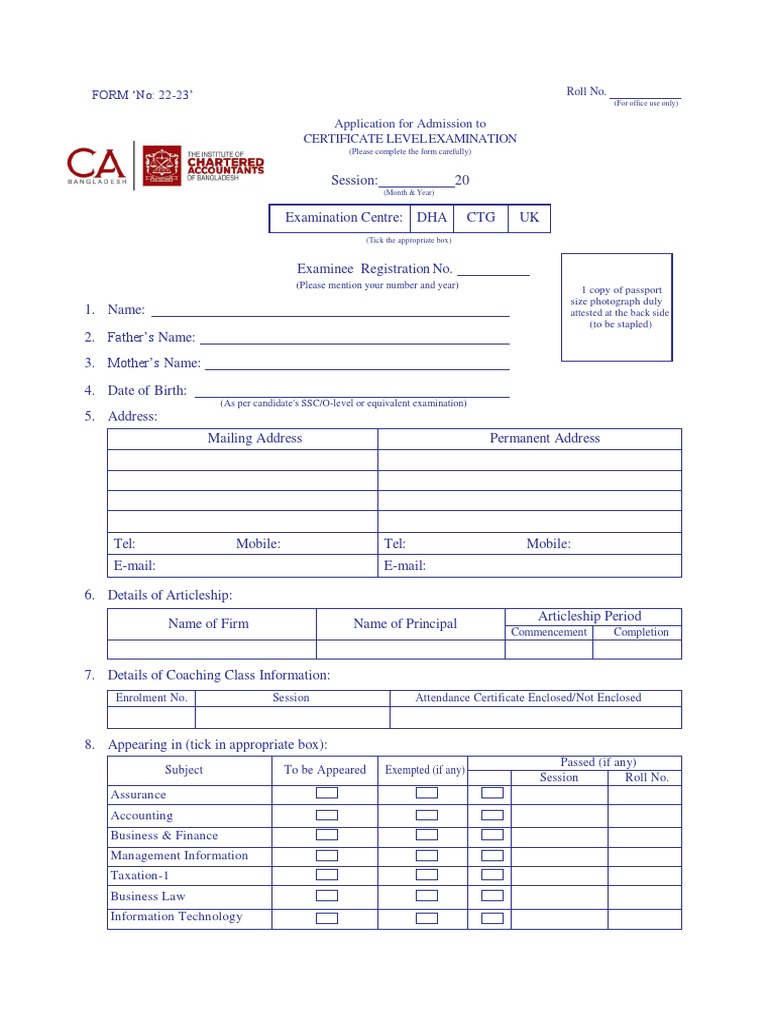 Application Form Admission Certificate Level Exam n2020 | PDF ...