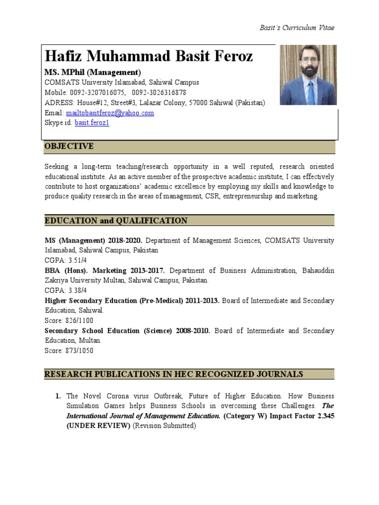 Hafiz Muhammad Basit Feroz: Ms. Mphil (Management) | PDF | Learning ...