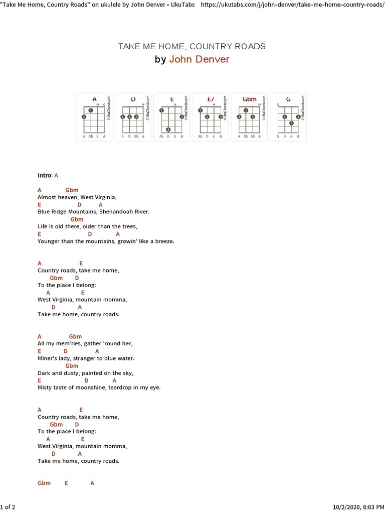 Take Me Home Country Roads Ukulele Tab | PDF | Songs Written | Song Recordings