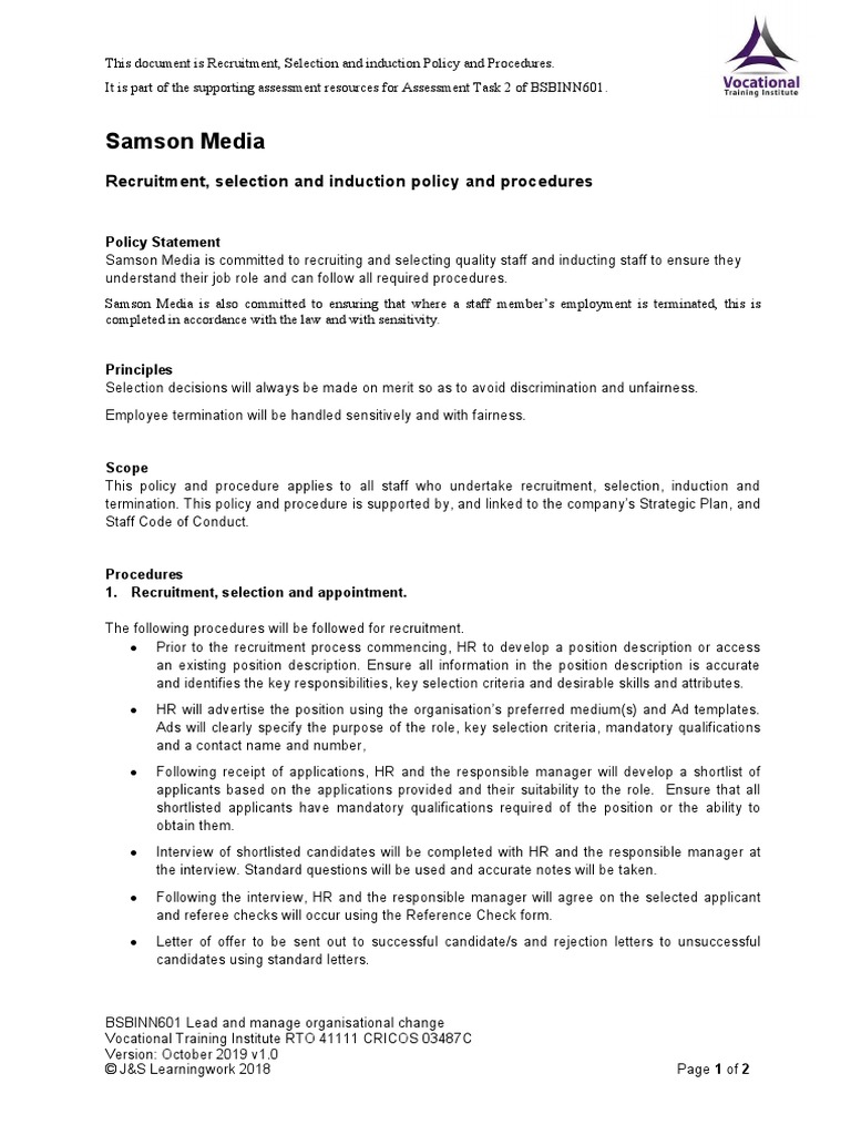 Recruitment, Selection and Induction Policy and Procedures | PDF ...