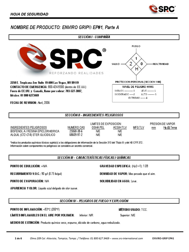 Enviro Grip EP1 - MSDS - SRC | PDF | Asma | Quemar
