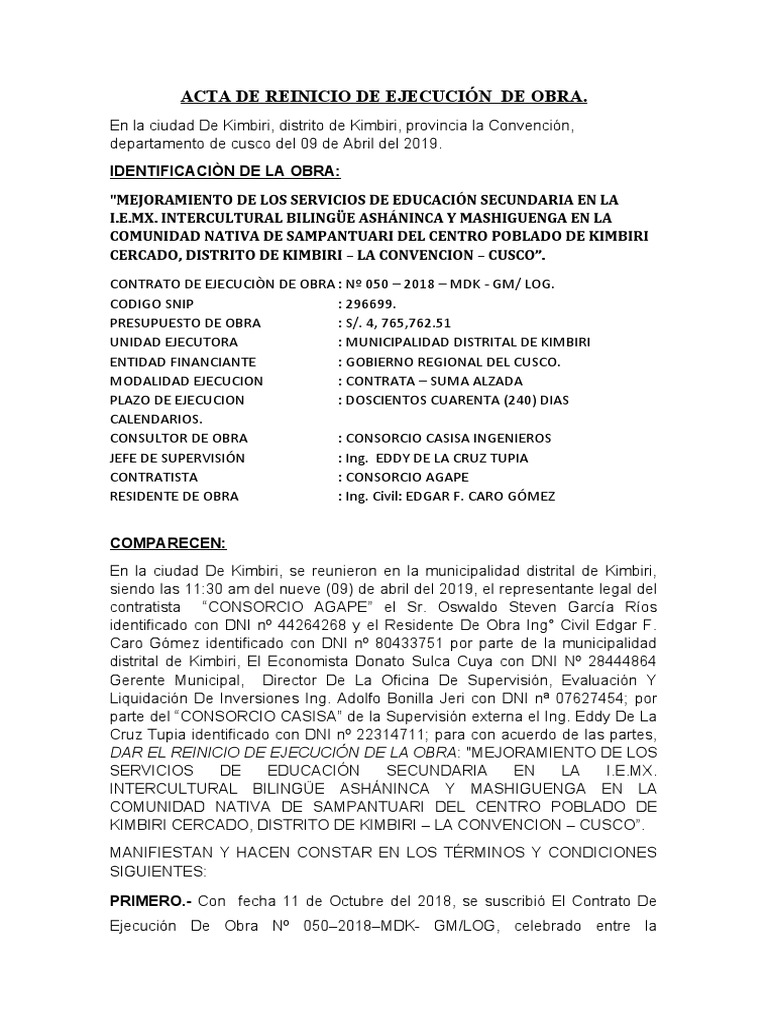 Acta de Reinicio de Obra | PDF | Gobierno