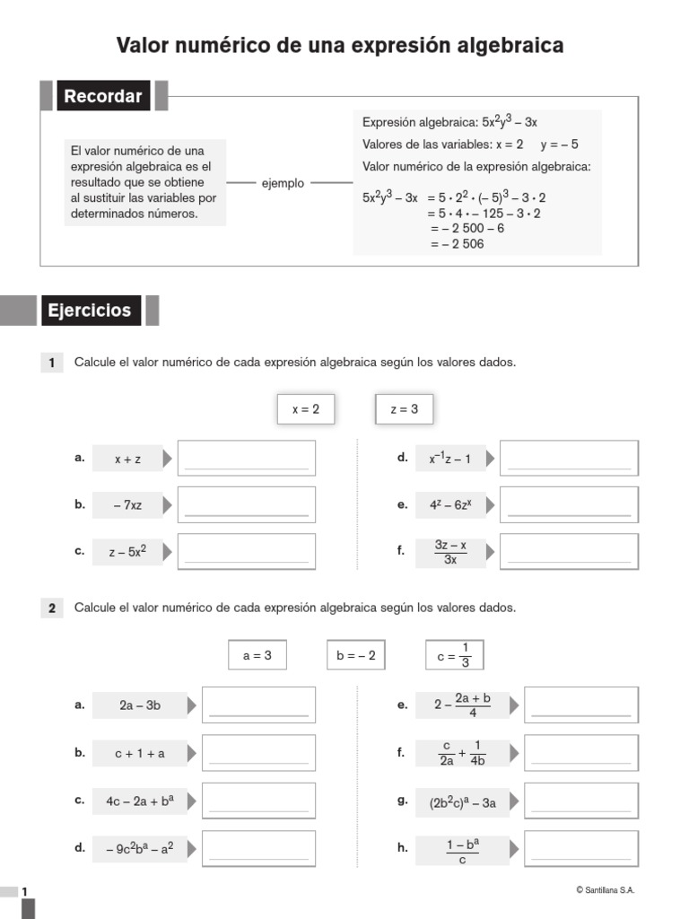 Valor Numérico de Una Expresión Algebraica | Descargar gratis PDF ...