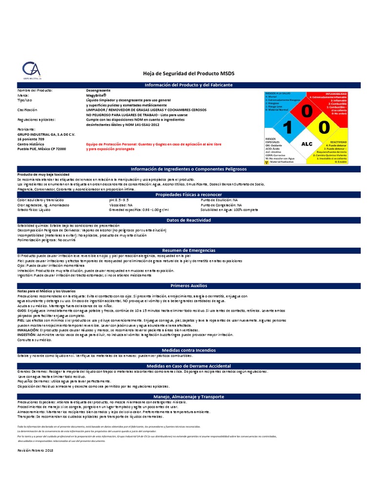 Hoja de Seguridad - Desengrasante | PDF | Agua | Sustancias químicas