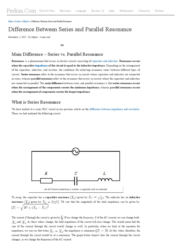 Difference Between Series and Parallel Resonance | PDF | Electrical ...