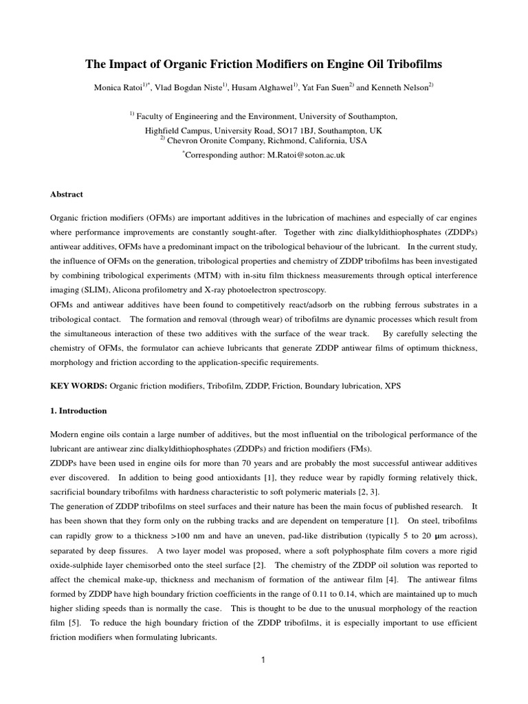 The Impact of Organic Friction Modifiers On Engine Oil Tribofilms | PDF ...