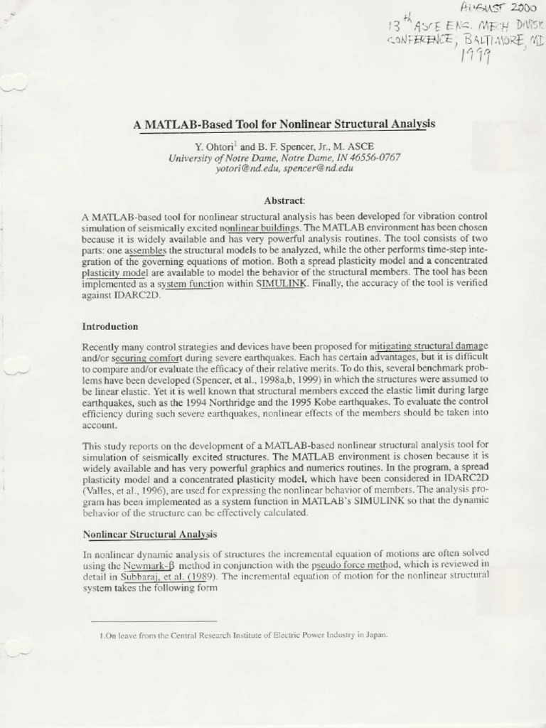 Ohtori - Spencer - MATLAB Based Tool For Nonlinear Structural Analysis ...