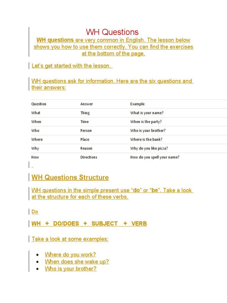 WH Questions: Usage and Examples | PDF | Language Arts & Discipline ...