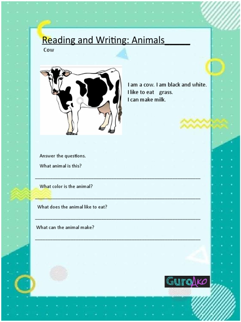 Reading and Writing Animal Cow | PDF