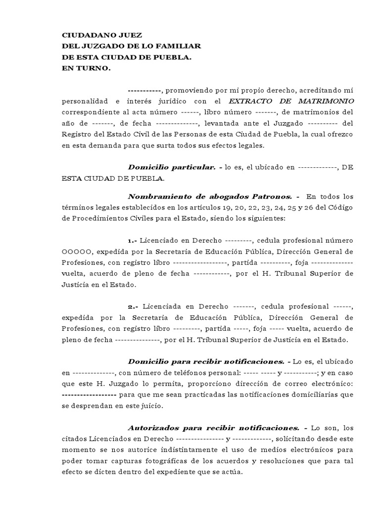 Demanda de Divorcio Incausado Puebla | PDF | Divorcio | Demanda judicial