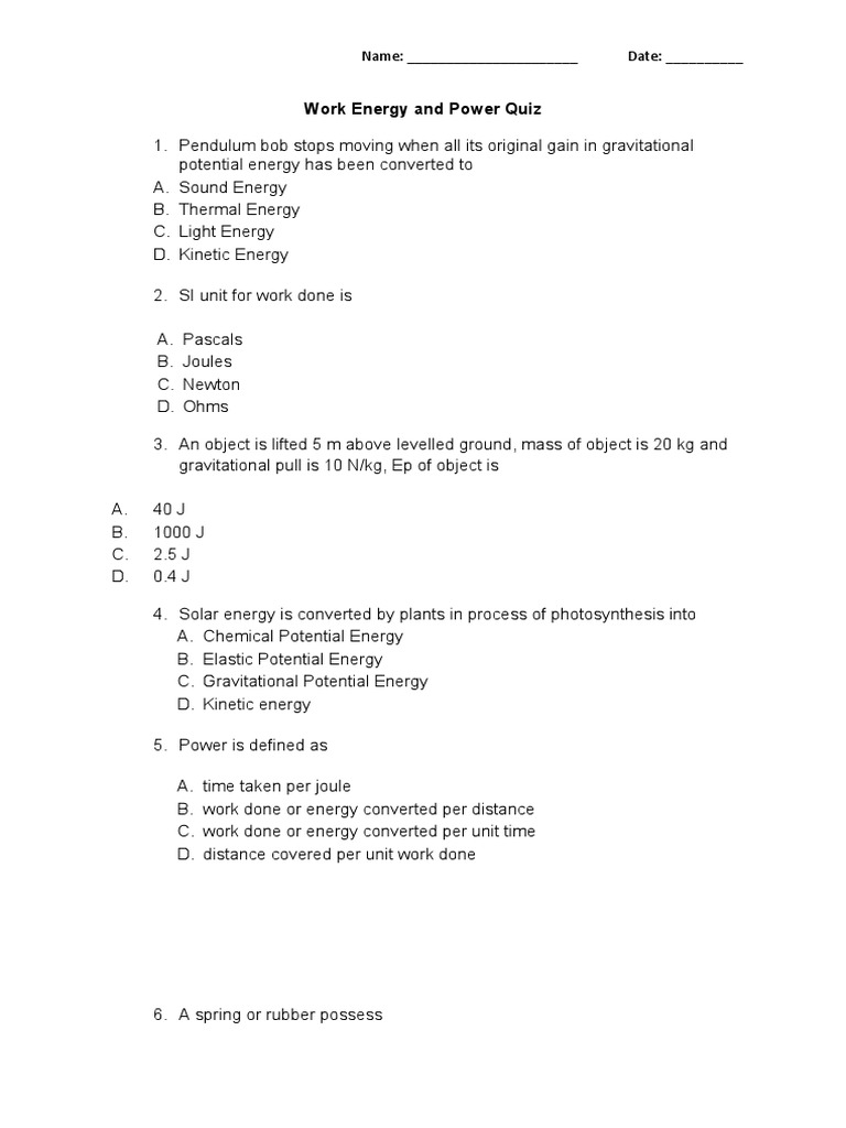 Work Energy and Power Quiz | PDF | Potential Energy | Watt