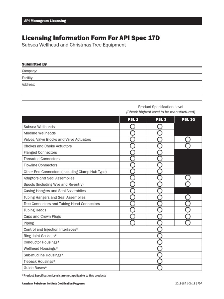 Licensing Information Form For API Spec 17D: Subsea Wellhead and Christmas Tree Equipment | PDF