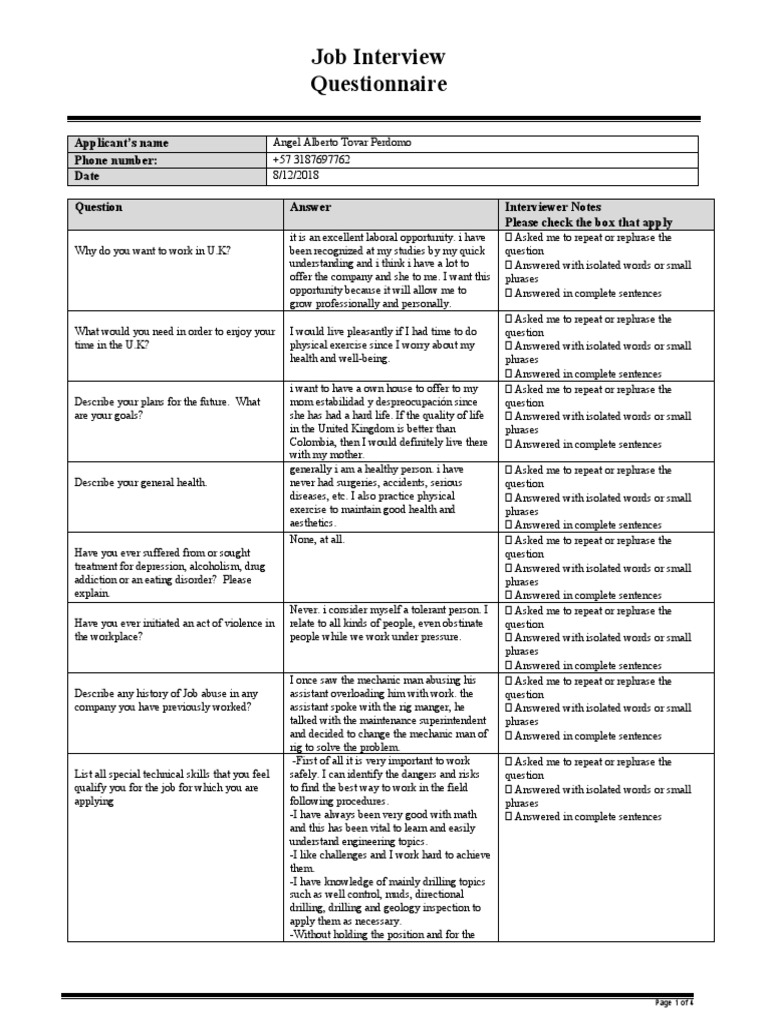 Job Interview Questionnaire | PDF | Vocabulary | Thought