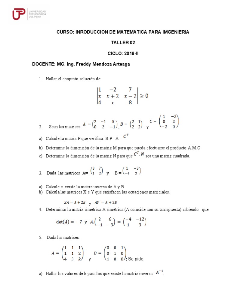 Segundo Taller de Introduccion - Mate. Ing. Ii-2018-Ii | PDF | Matriz (Matemáticas) | Vector ...