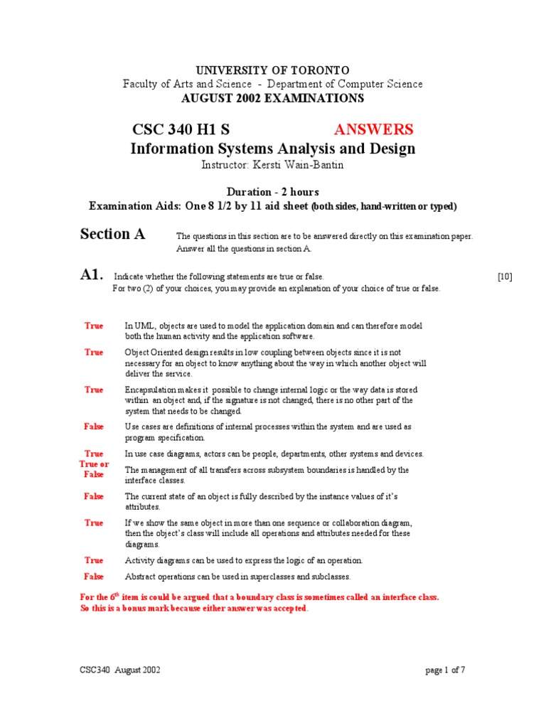 CSC 340 H1 S Information Systems Analysis and Design: Answers | PDF | Class (Computer ...