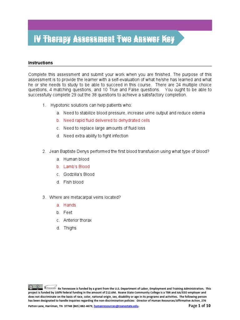 IV Therapy Assessment Two Answer Key IV Therapy Assessment Two Answer ...