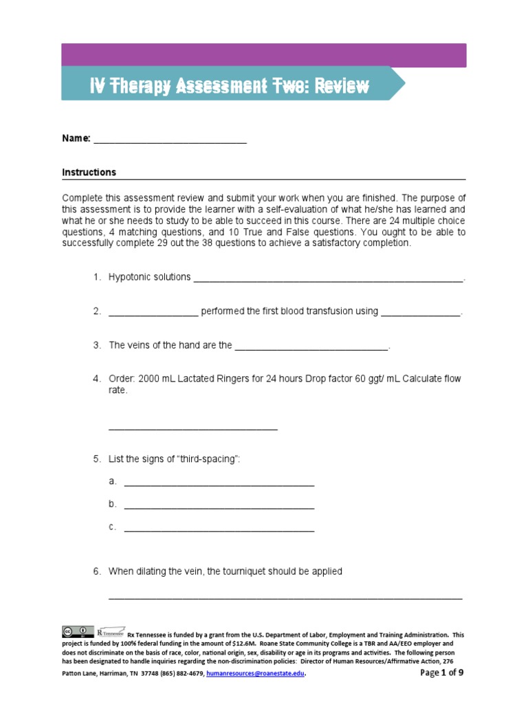 IV Therapy Assessment Two: Review IV Therapy Assessment Two: Review IV ...