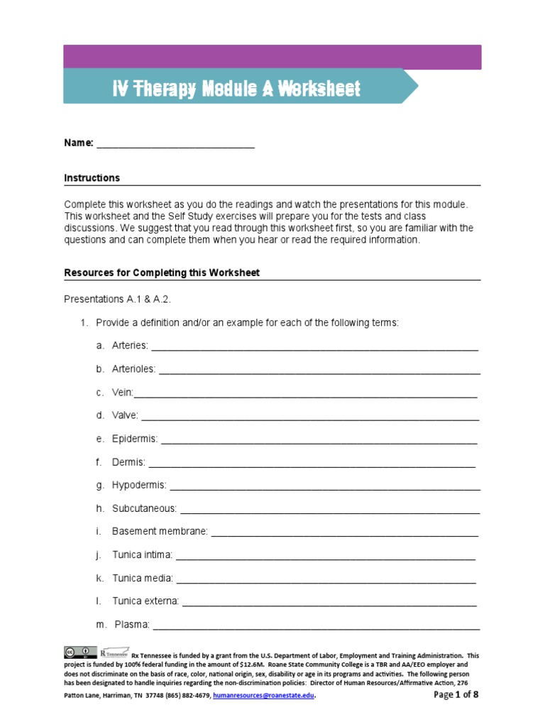 IV Therapy Module A Worksheet IV Therapy Module A Worksheet IV Therapy ...