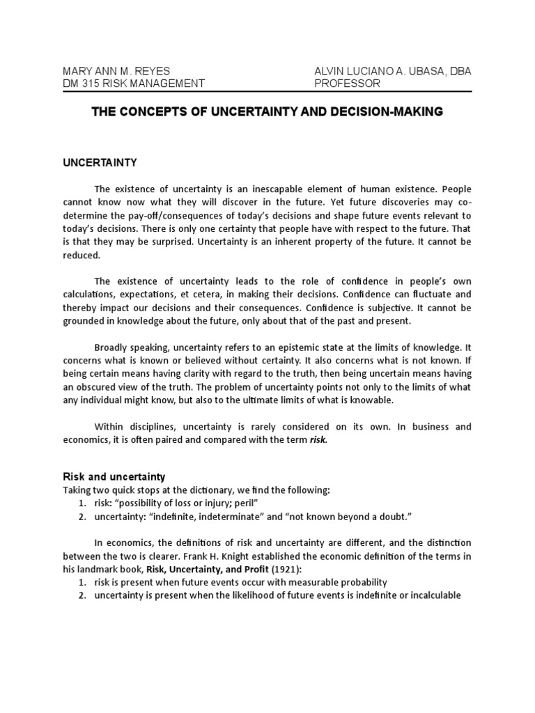 The Concepts of Uncertainty and Decision-Making | PDF | Risk | Uncertainty