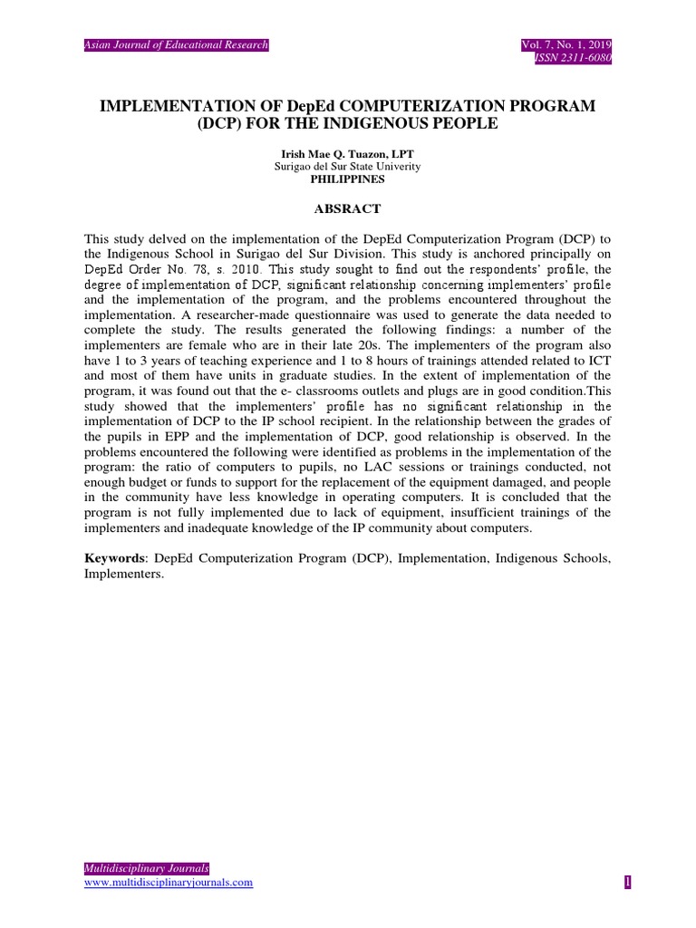 Abstract IMPLEMENTATION OF DepEd COMPUTERIZATION PROGRAM DCP FOR THE ...