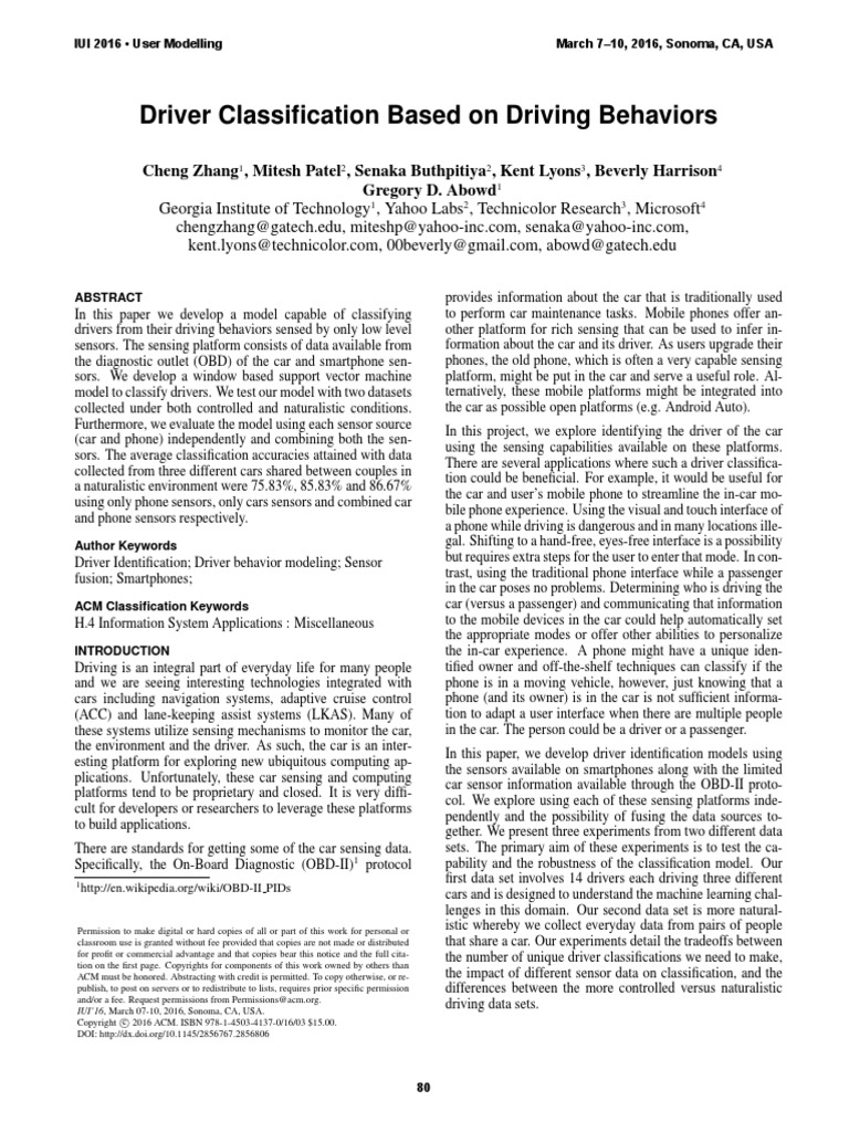 Driver Classification Based On Driving Behaviors: IUI 2016 - User ...