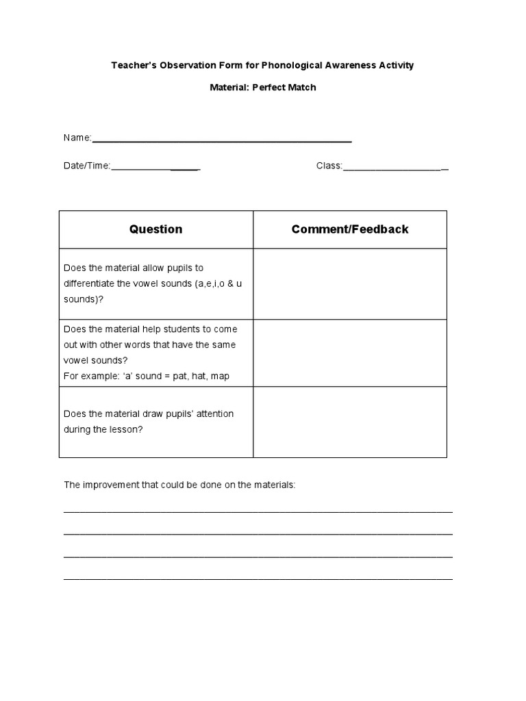 Teacher Observation Form for Phonological Activities | PDF | Career ...