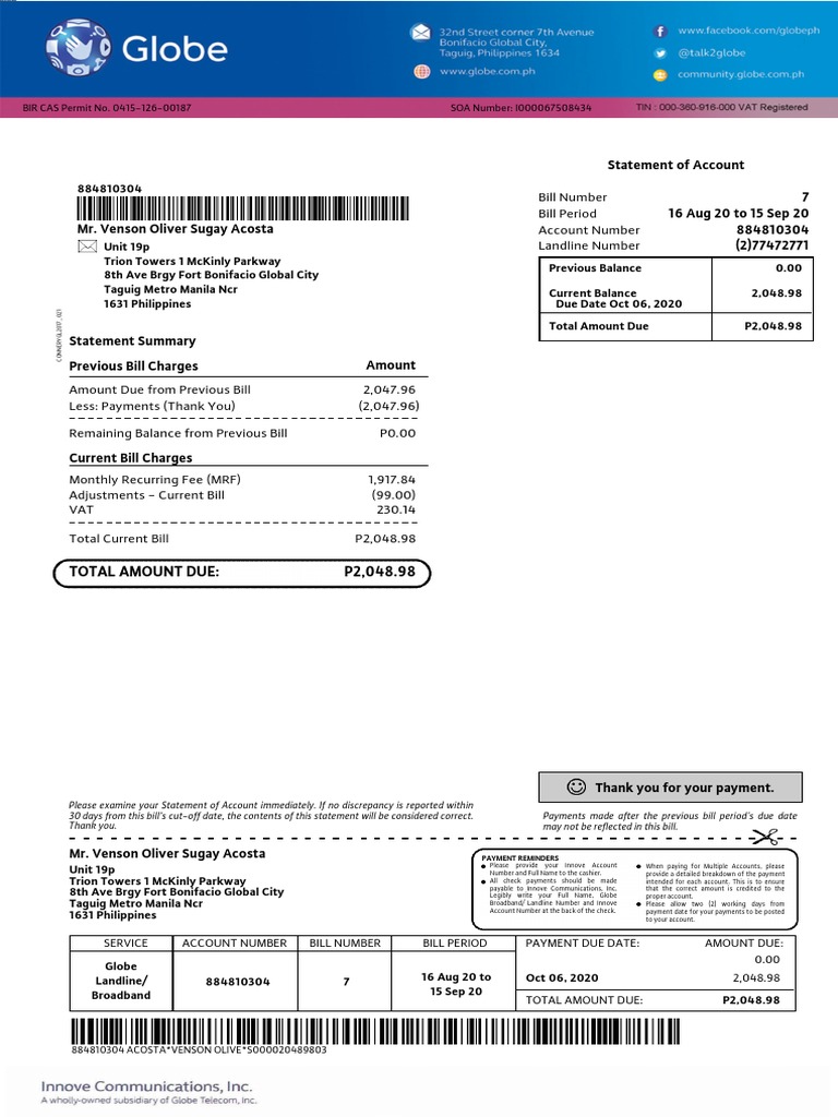 Globe at Home E-Bill - 884810304-2020-10-06 PDF | PDF | Services ...